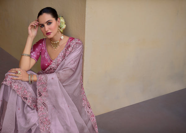 Light Pink Pure Organza Embroidery Handwork, C-Pallu Saree with Pink S ...