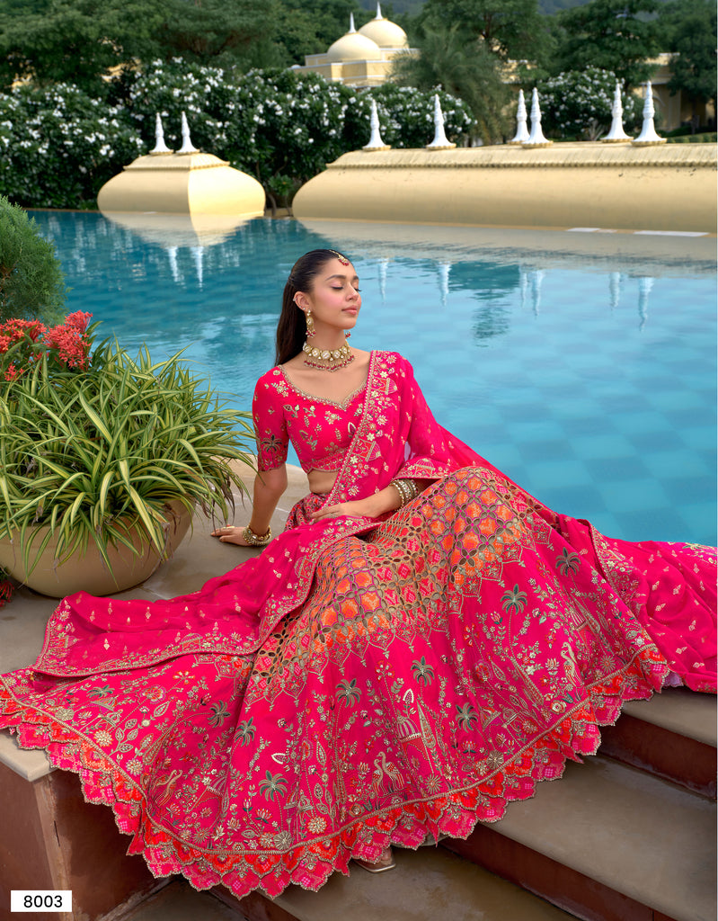 Bright Pink & Orange Embroidered Raw Silk Lehenga Set - 8003 – Anaara ...