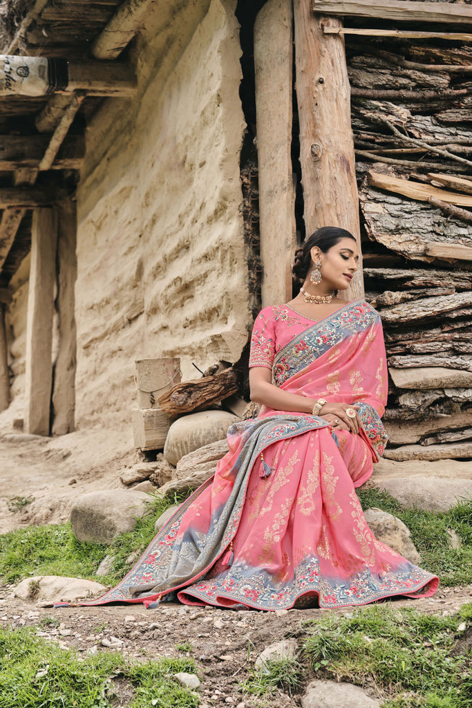 Traditional Grey Pink Pure Dola Silk Saree with Embroidery, Patchwork ...