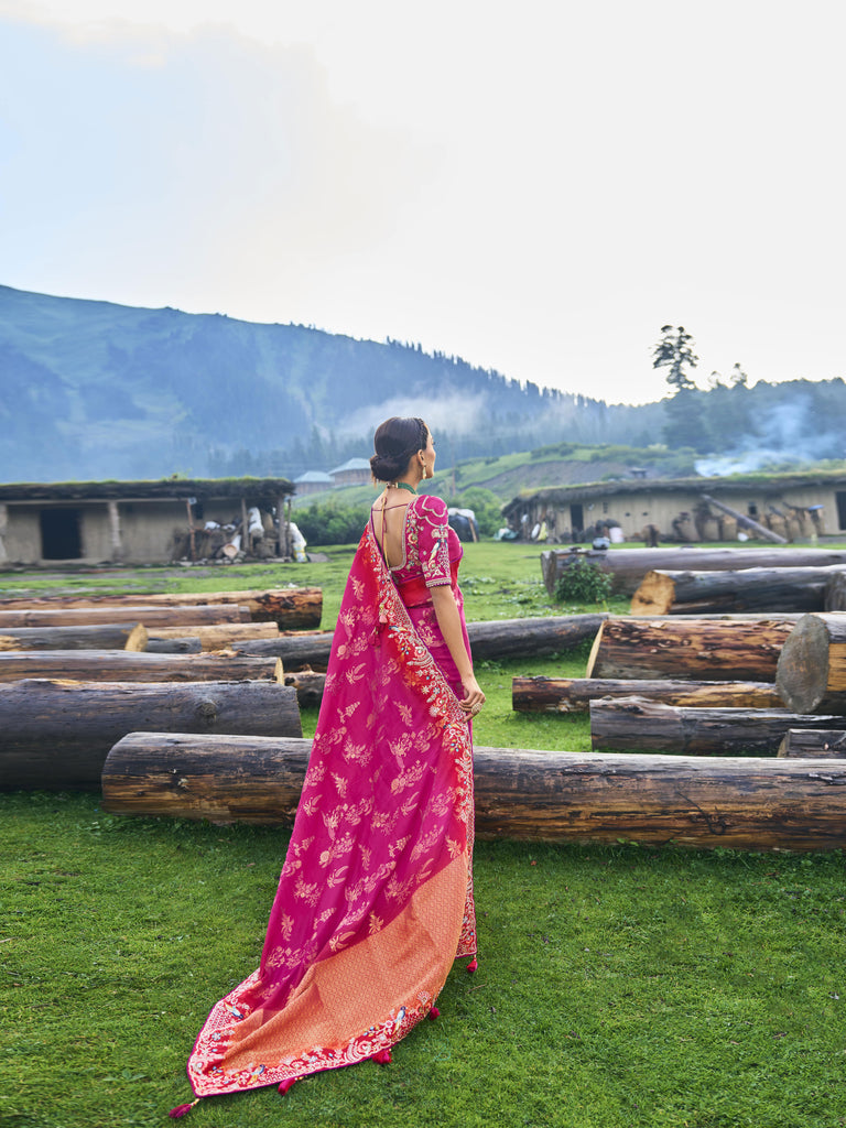 Traditional Red Rani Pure Dola Silk Saree with Embroidery and Patchwor ...